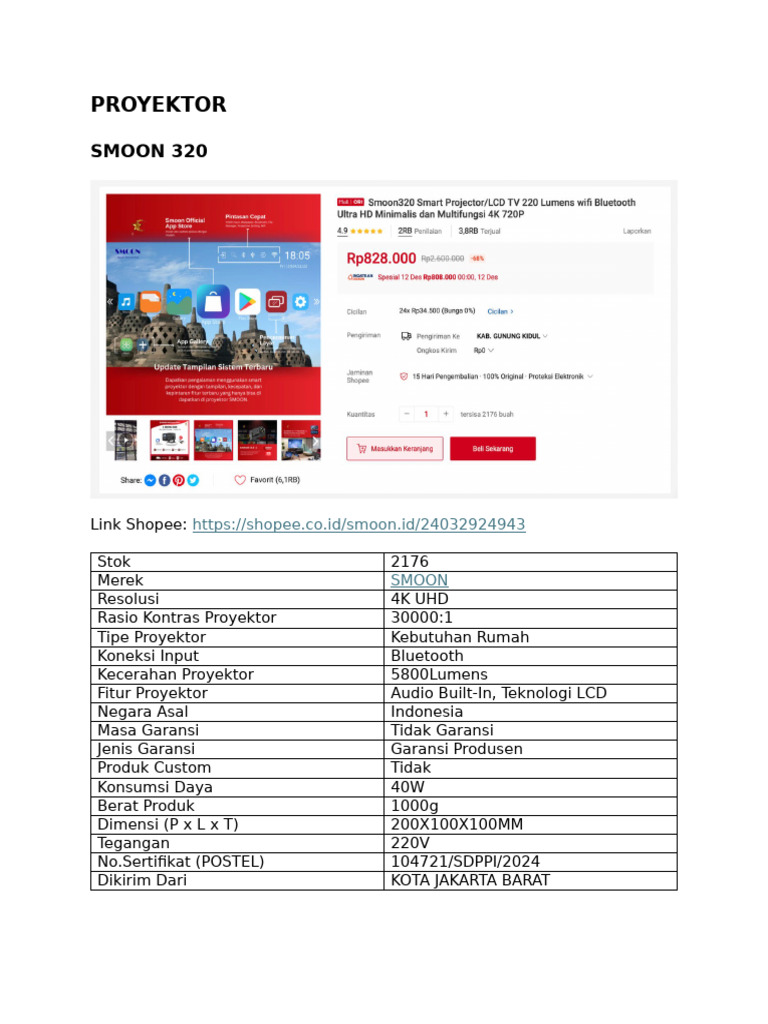 SMOON 320 Projector Specifications | PDF | Computer Hardware | Electronics