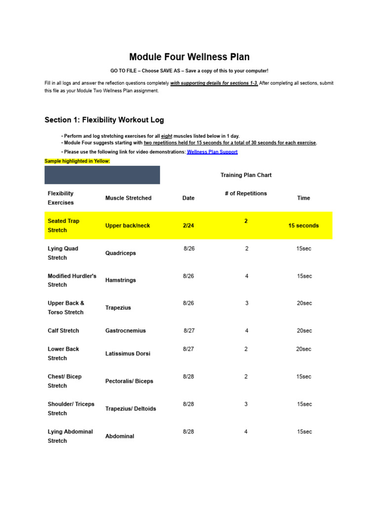 Module Four Wellness Plan | PDF | Strength Training | Flexibility (Anatomy)