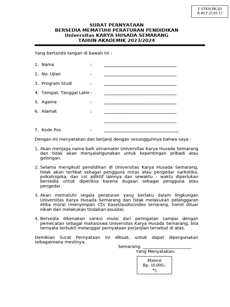 SURAT PERNYATAAN Mematuhi Peraturan Pendidikan | PDF