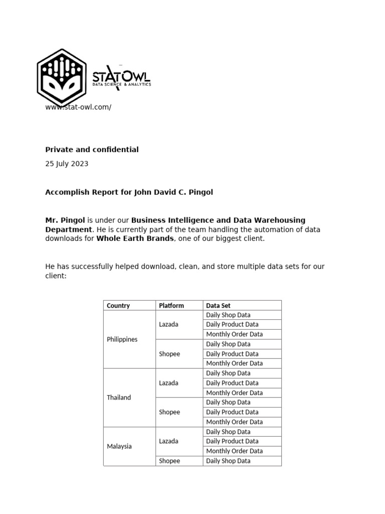 Accomplishment Report - David Pingol - Signed - 20230725 | PDF | Data | Computing