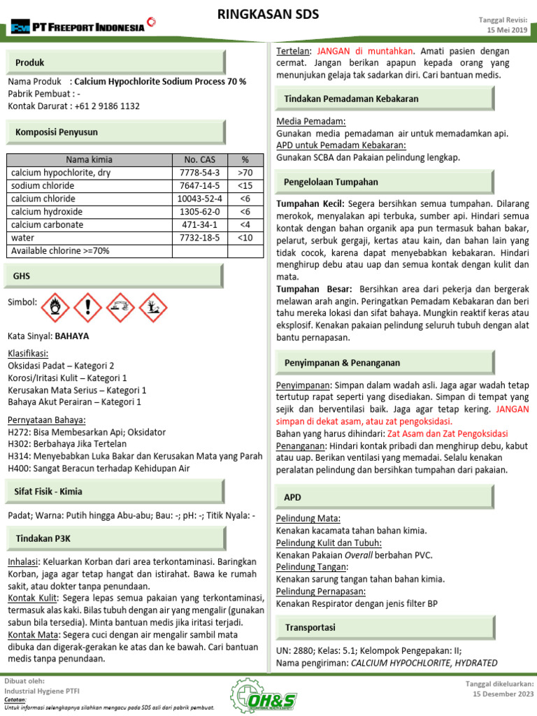 MSDS - Calcium Hypochlorite Sodium Process 70 | PDF