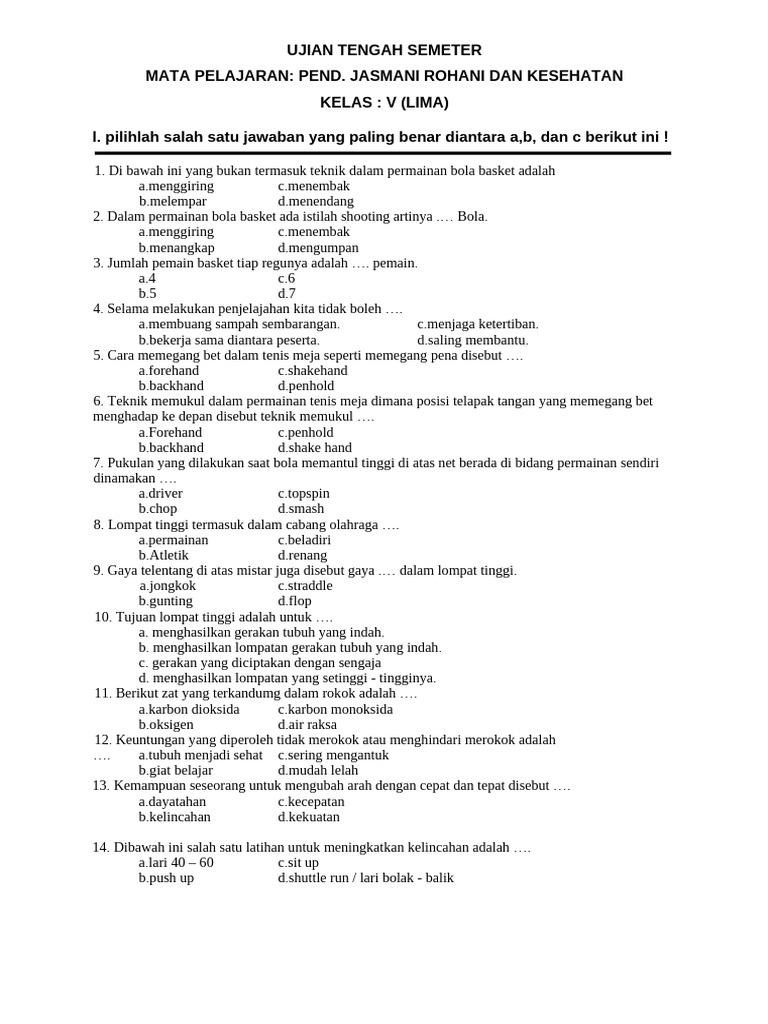 Soal Ujian Pjok Kelas 5 Semester Genap | PDF