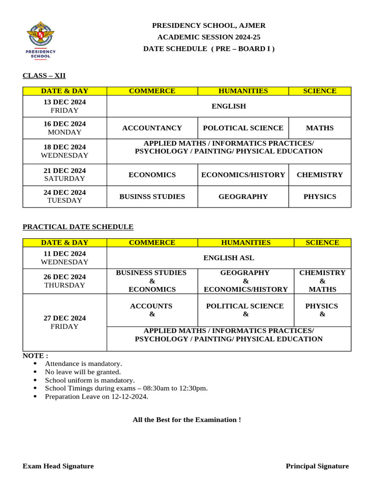 Xii Preboard-I Schedule | PDF