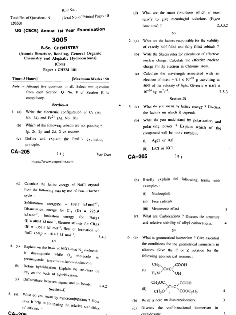 Hpu BSC 1 Year Chemistry Atomic Structure Bonding General Organic 3005 2023 | PDF