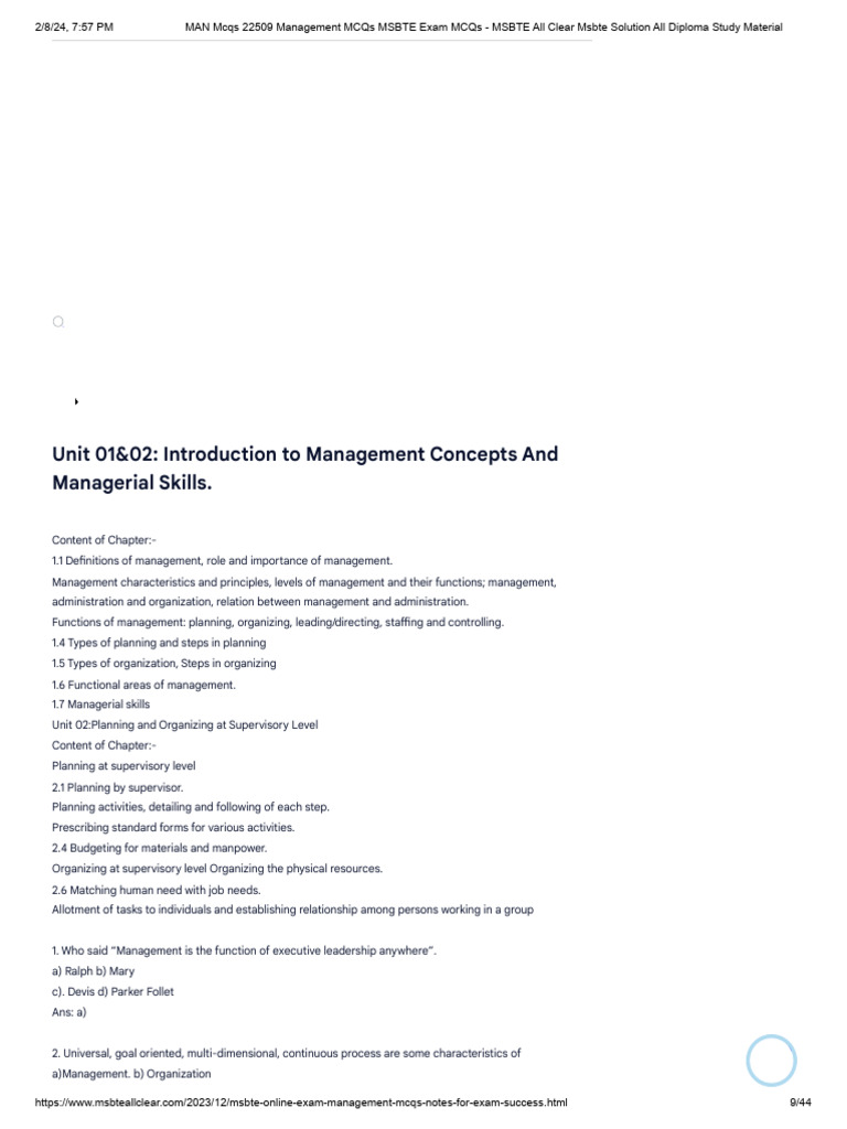 MAN Mcqs 22509 Management MCQs MSBTE Exam MCQs - MSBTE All Clear Msbte ...