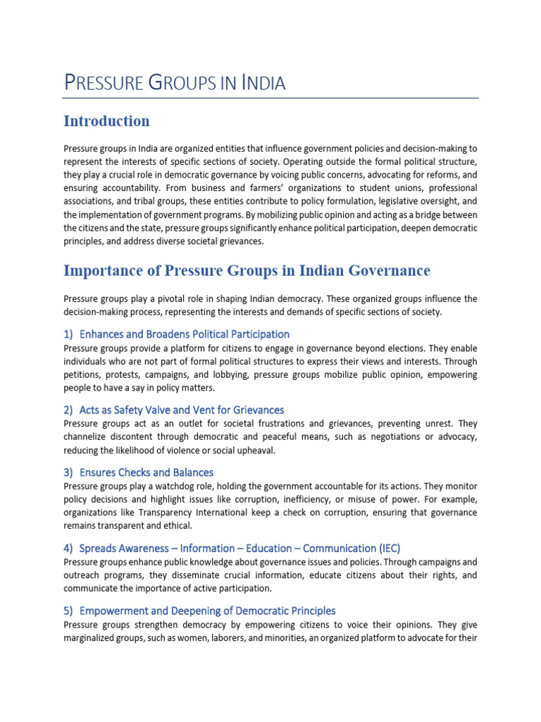 Pressure Groups' Role in India | PDF | Advocacy Group | Governance