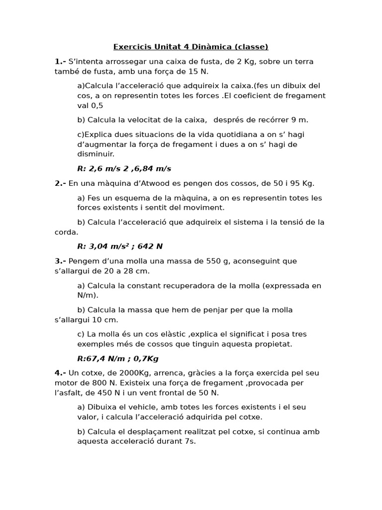 Exercicis Unitat 4 Dinamica Classe | PDF