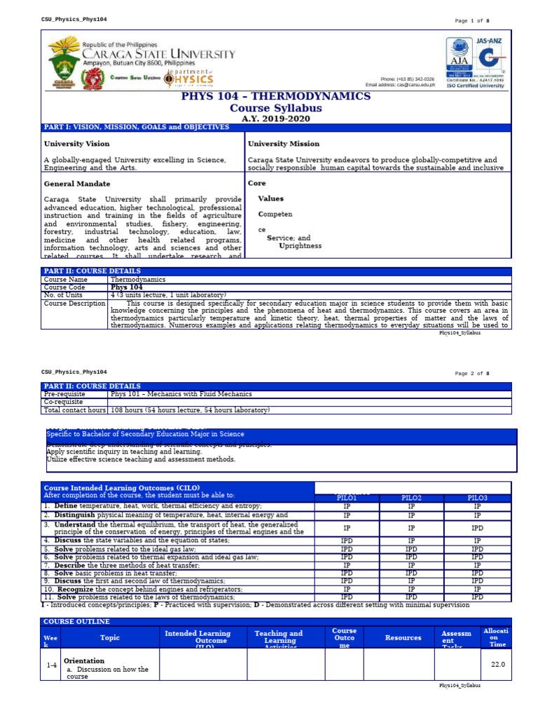 PHYS 104 A.Y. 2019-2020 Thermodynamics | PDF | Heat | Temperature
