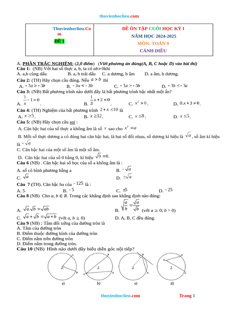 10 de On Tap Cuoi HK1 Toan 9 Canh Dieu | PDF