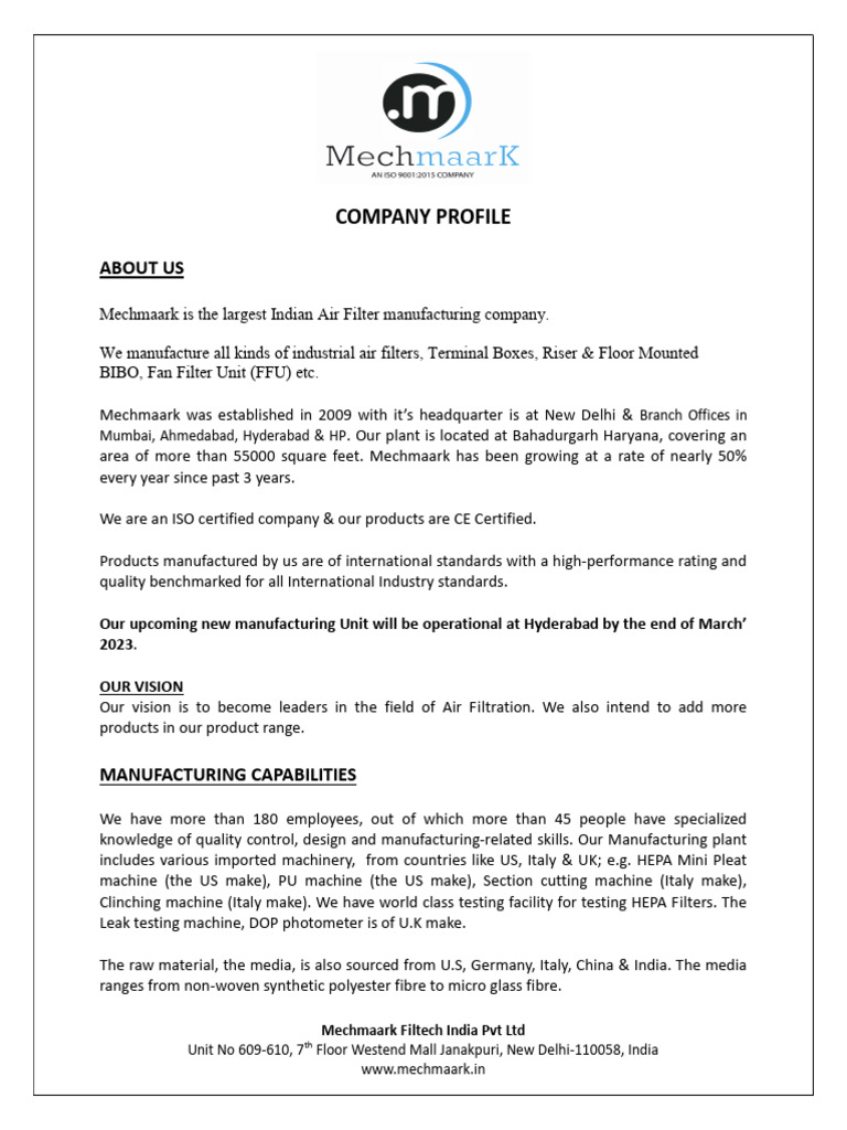 Mechmaark Filtech Company Profile | PDF