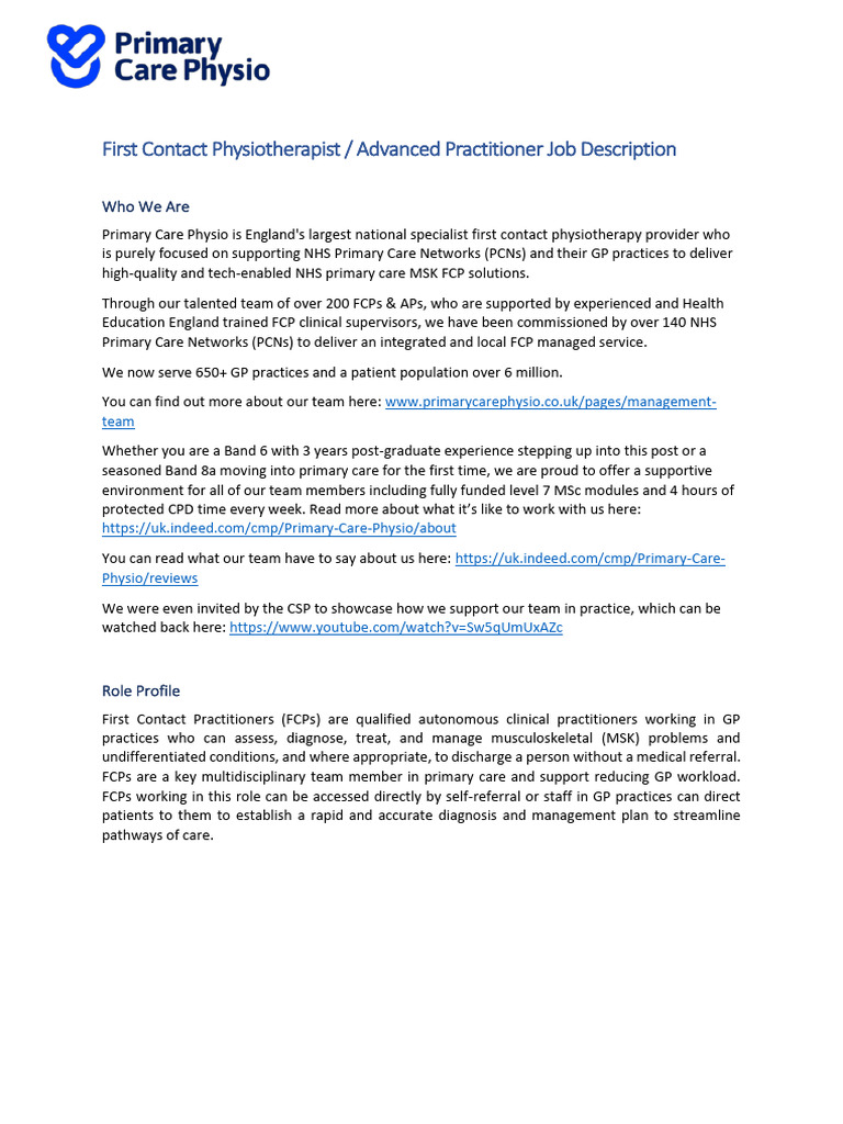 First Contact Physiotherapist Role Overview | PDF | Physical Therapy ...