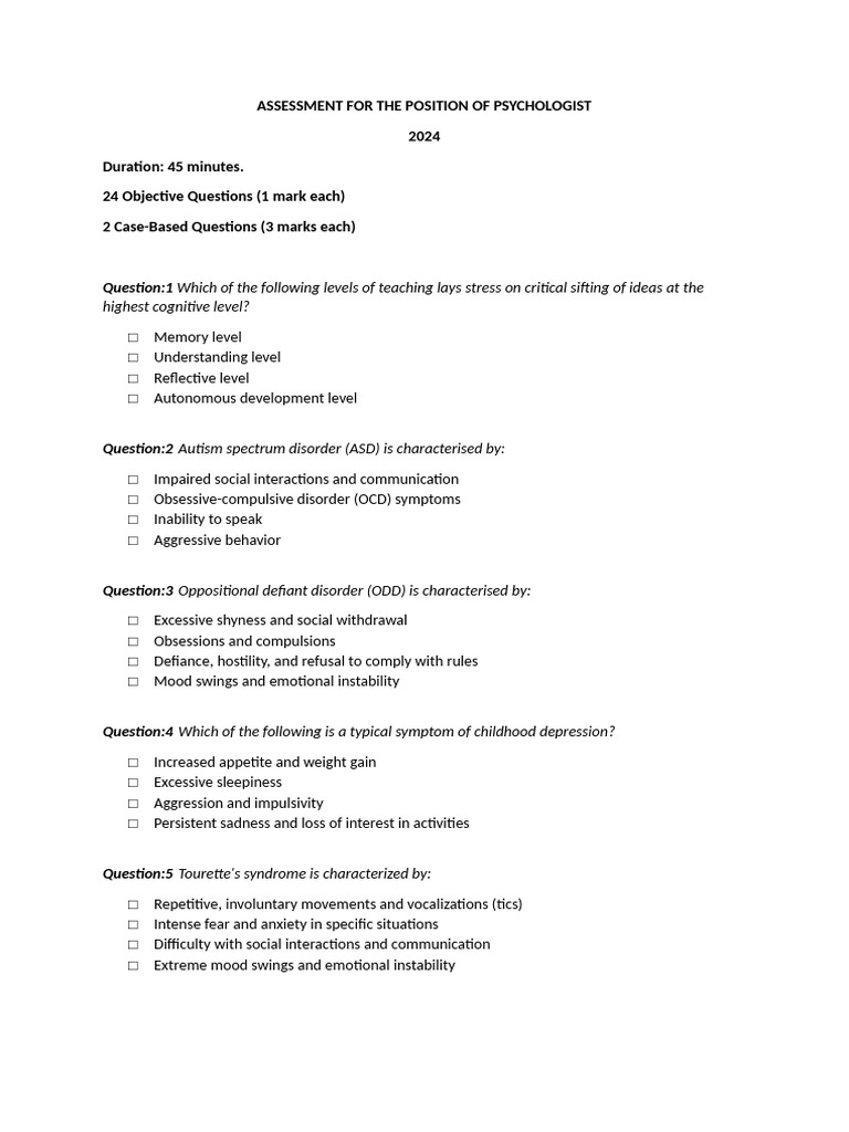 Psychologist Assessment 2024 Guide | PDF | Adolescence | Mental Disorder