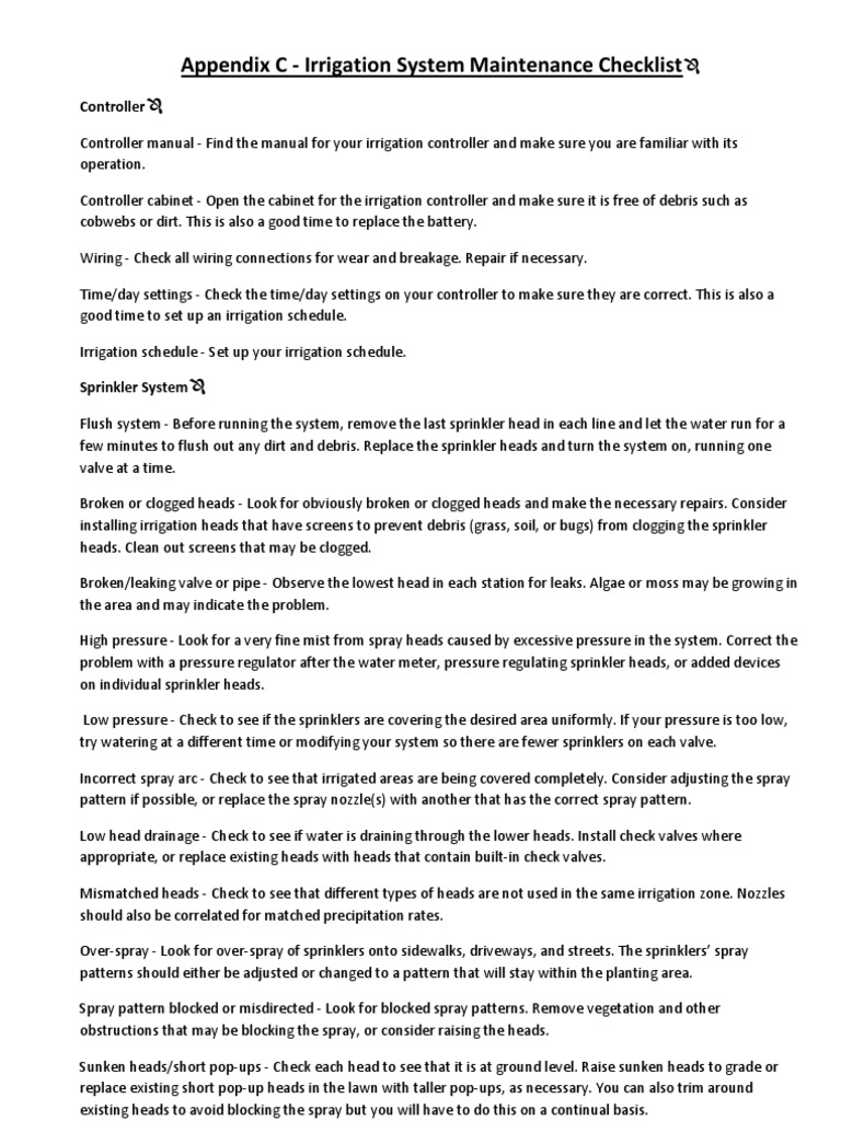 Irrigation System Maintenance Checklist | PDF | Irrigation | Hydrology