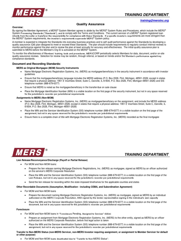 MERS Quality Assurance QRG-1 | Mortgage Law | Loans