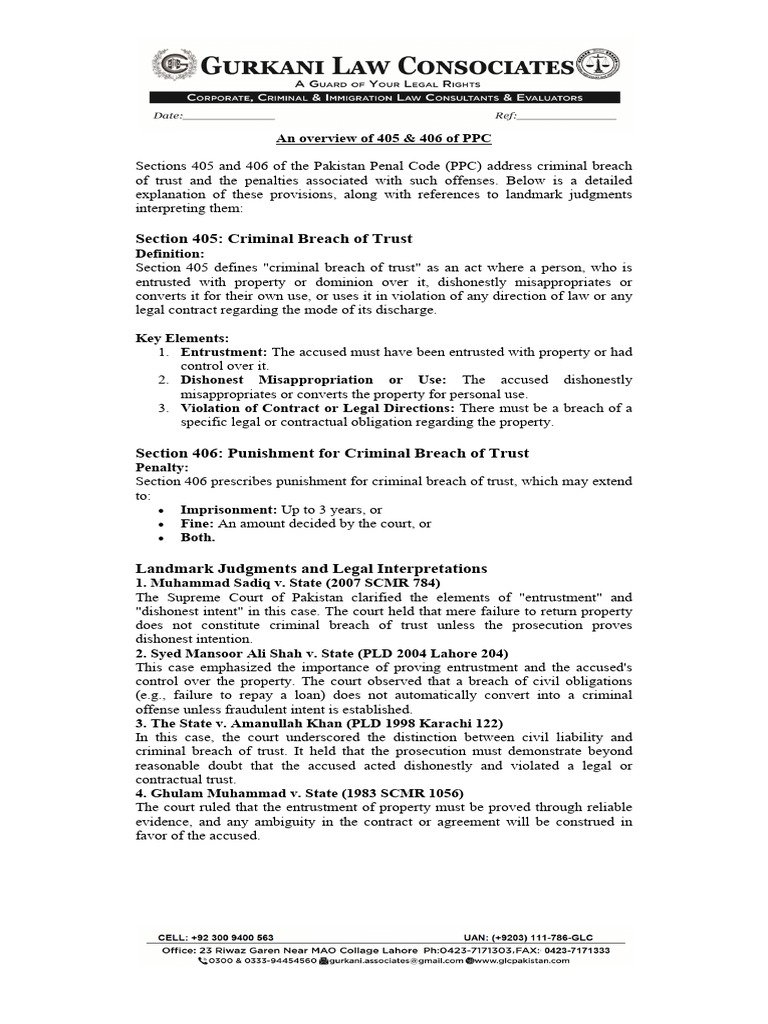 Overview of The Section 405 & 406 of Pakistan Penal Code | PDF | Bail ...