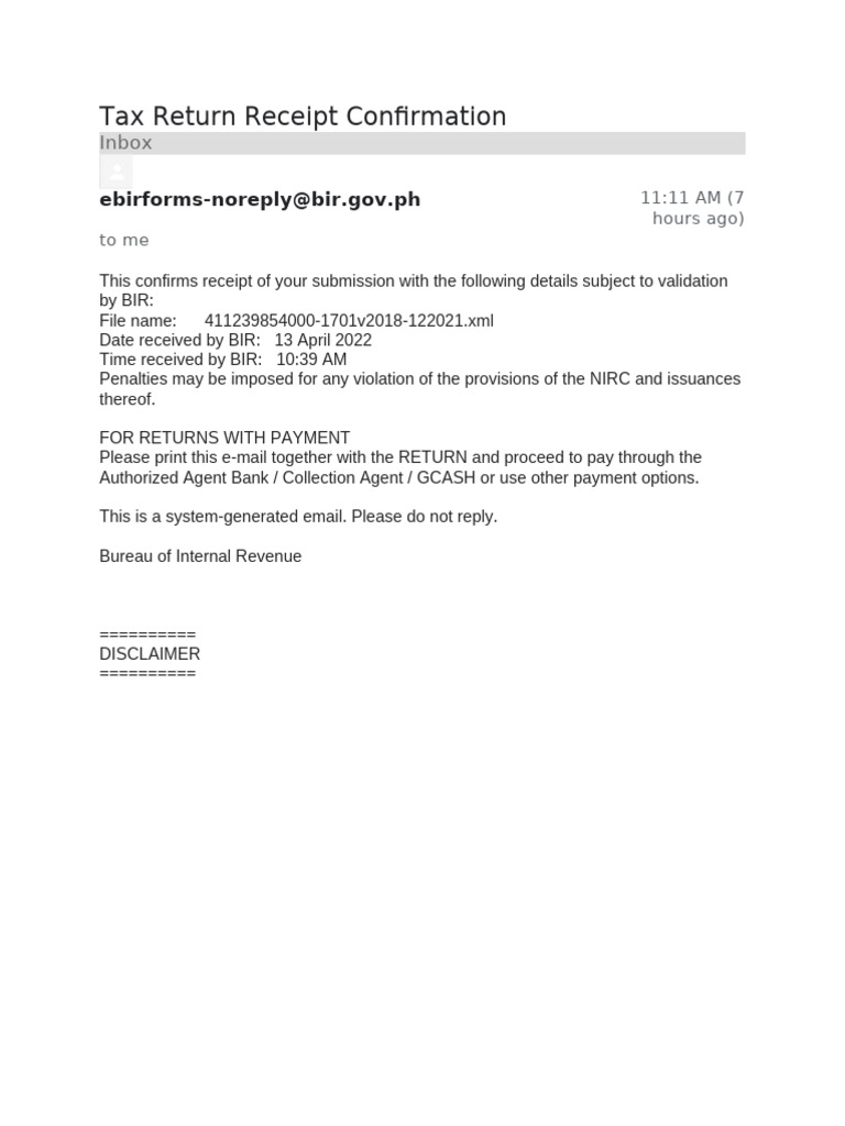 Tax Return Receipt Confirmation | PDF
