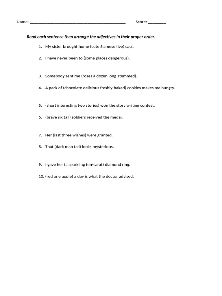Adjective Order Practice Worksheet | PDF