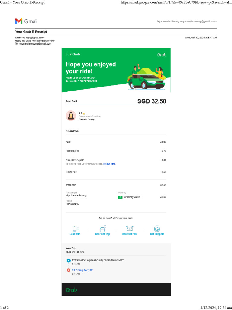 Grab E-Receipt 30 Oct 2024 | PDF | Passenger Rail Transport | Rapid Transit