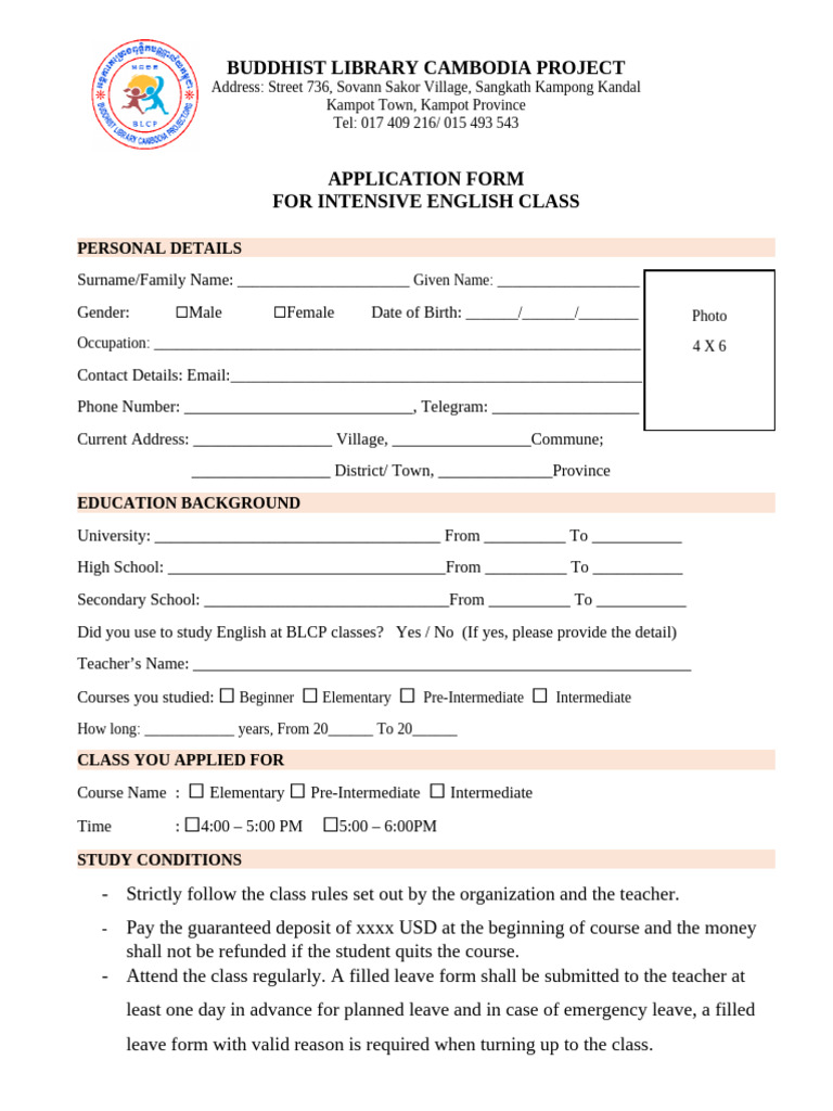 Application Form For Intensive English Class | PDF