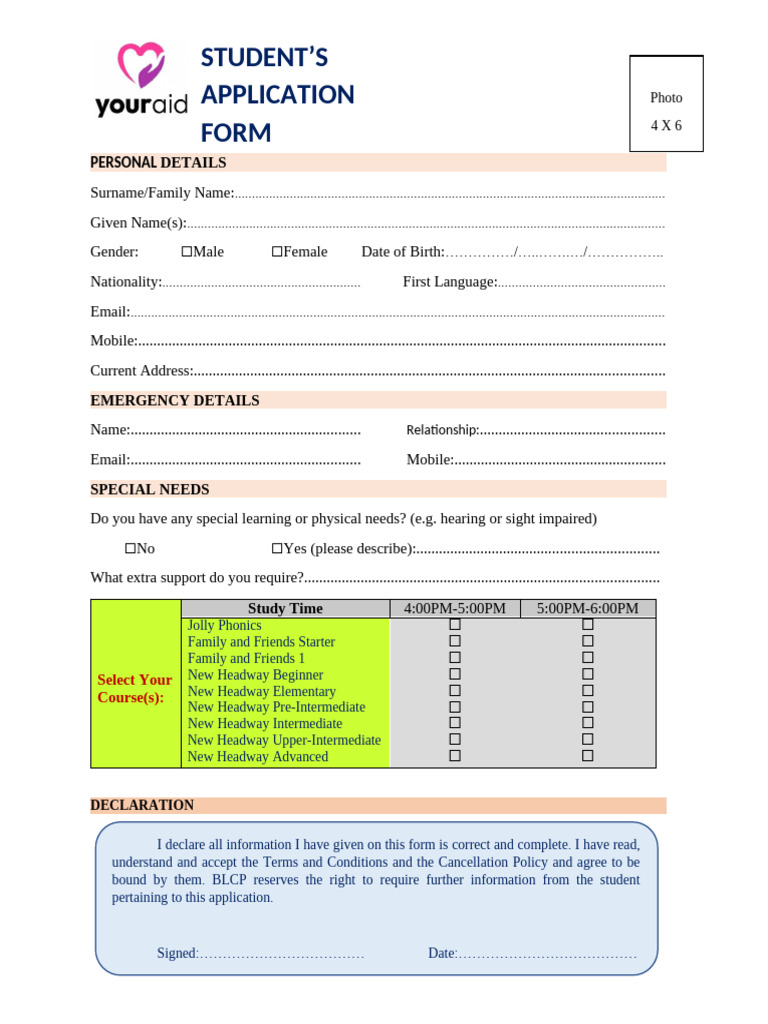 Student Application Form | PDF | Learning | Human Communication