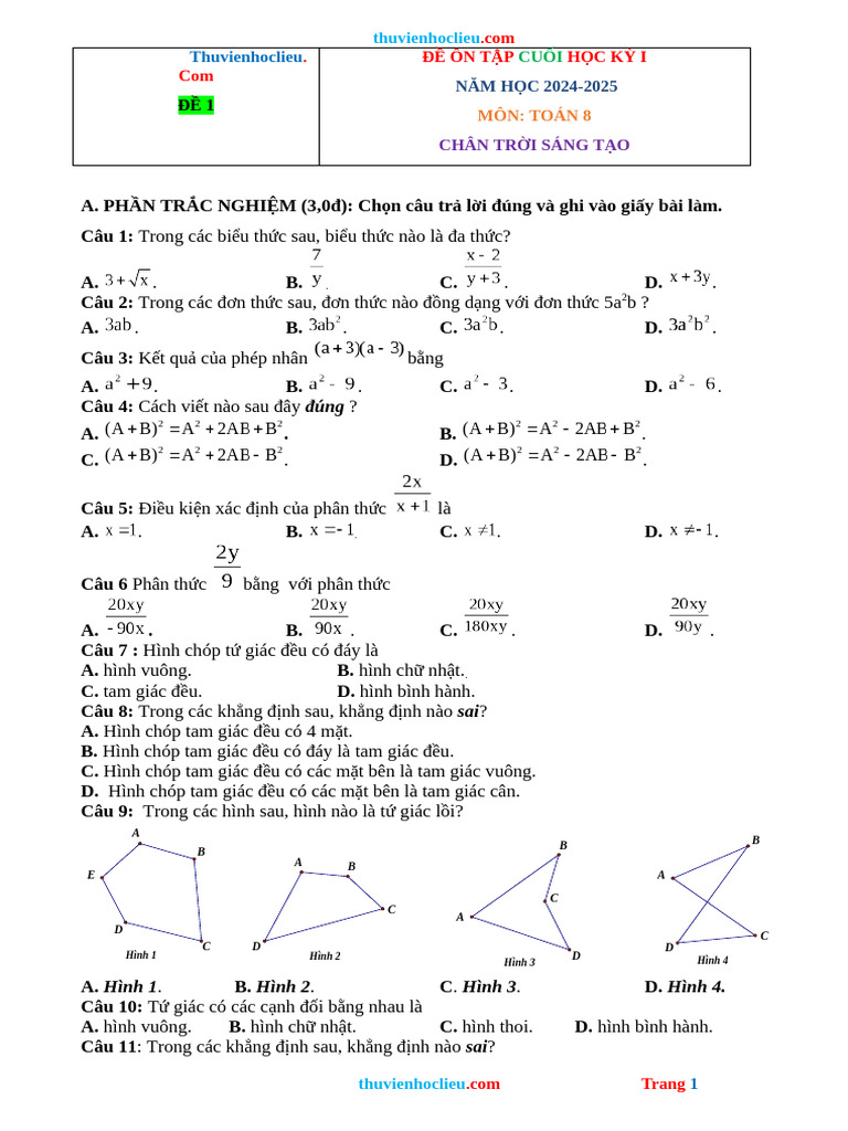 Thuvienhoclieu.com 25 de on Tap Cuoi HK1 Toan 8 CTST | PDF