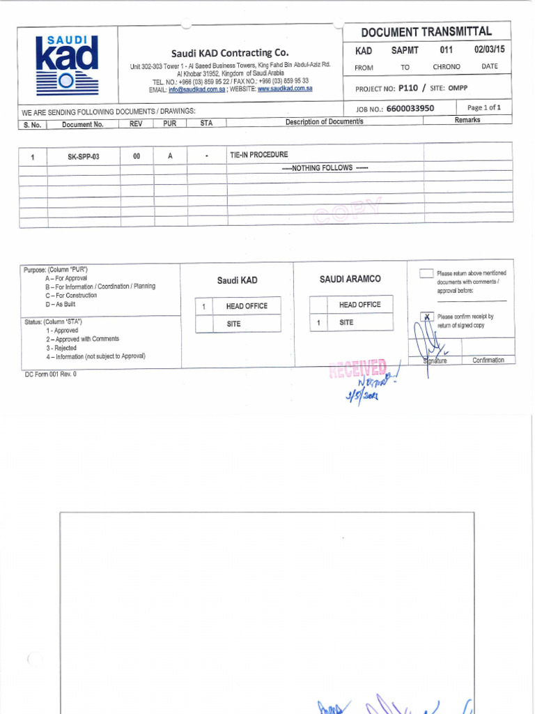 DT SK Sapmt 011 Sk-spp-03 Rev.00 Tie-In Procedure | PDF
