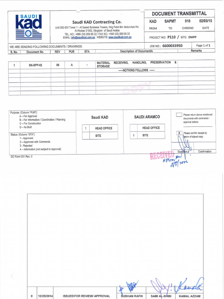 DT - SK - SAPMT - 010 - SK-SPP-02 Rev.00 Material Recieving, Handling ...