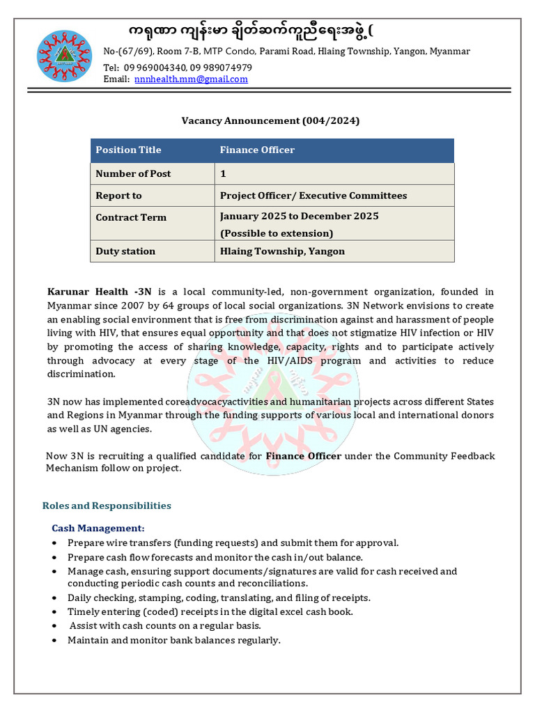 Finance Officer Vacancy at 3N Myanmar | PDF