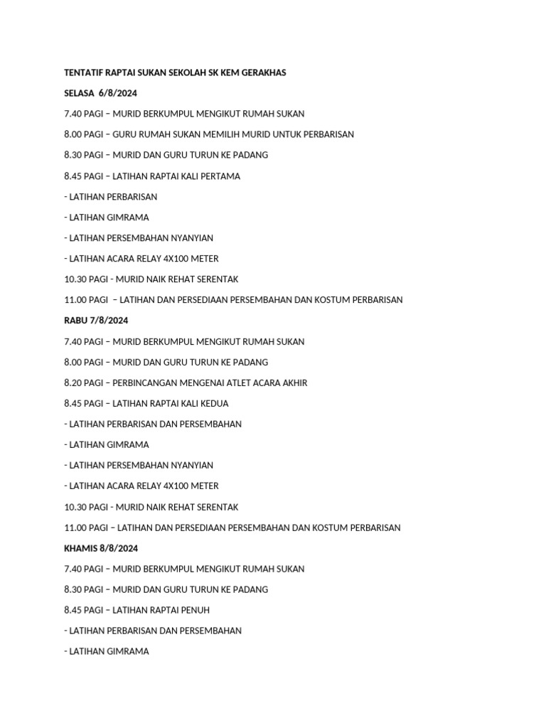 TENTATIF RAPTAI SUKAN SEKOLAH SK KEM GERAKHAS | PDF
