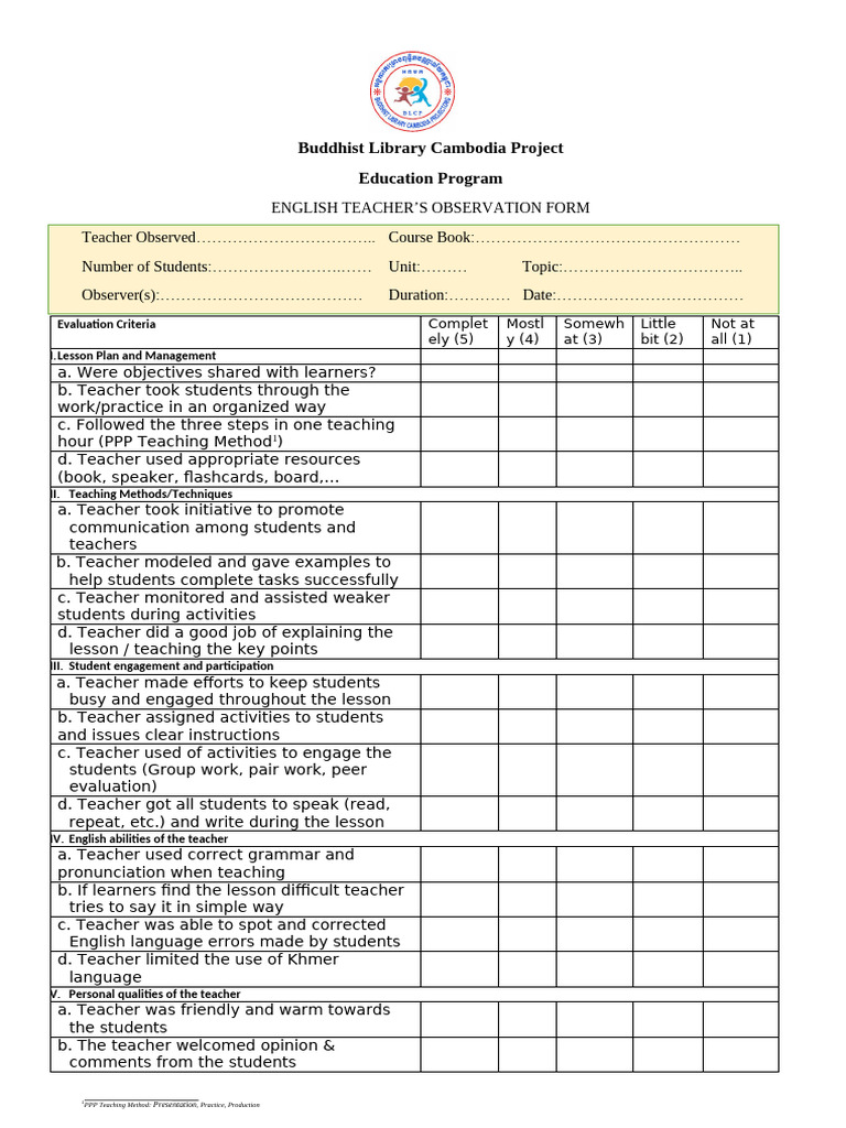English Teacher Observation Form | PDF | Teachers | Teaching Method