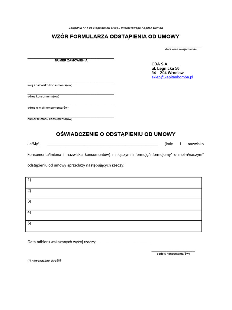 Formularz Odstapienia Od Umowy | PDF