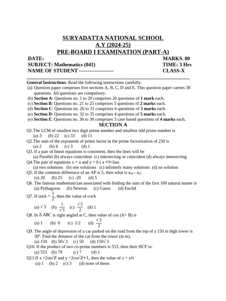 Class 10 Math Pre-Board Exam | PDF | Circle | Tangent