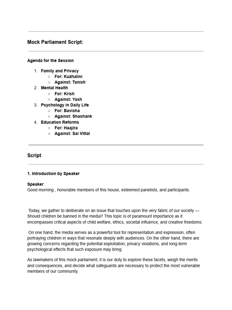 Mock Parliament Script | PDF | Privacy | Education Reform