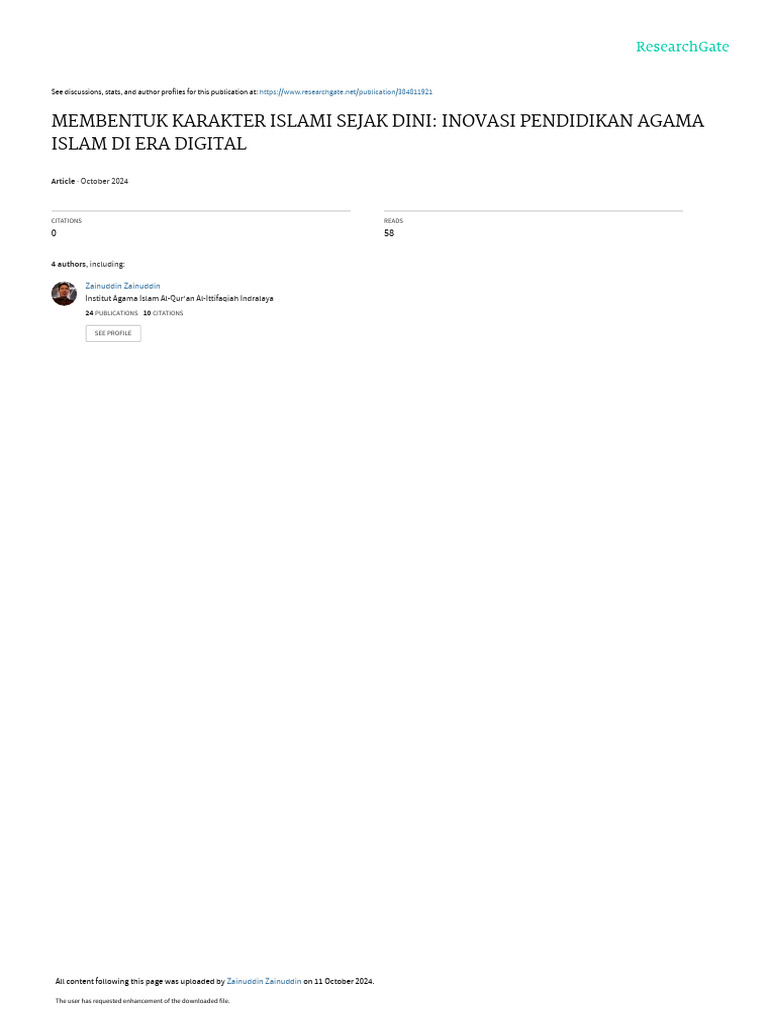 Membentuk Karakter Islami Sejak Dini: Inovasi Pendidikan Agama Islam Di Era Digital | PDF