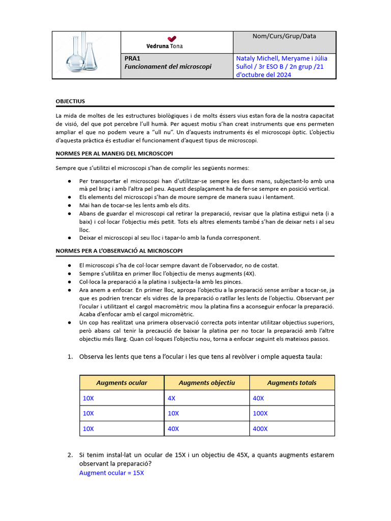 Practica1.Funcionament Del Microscopi | PDF