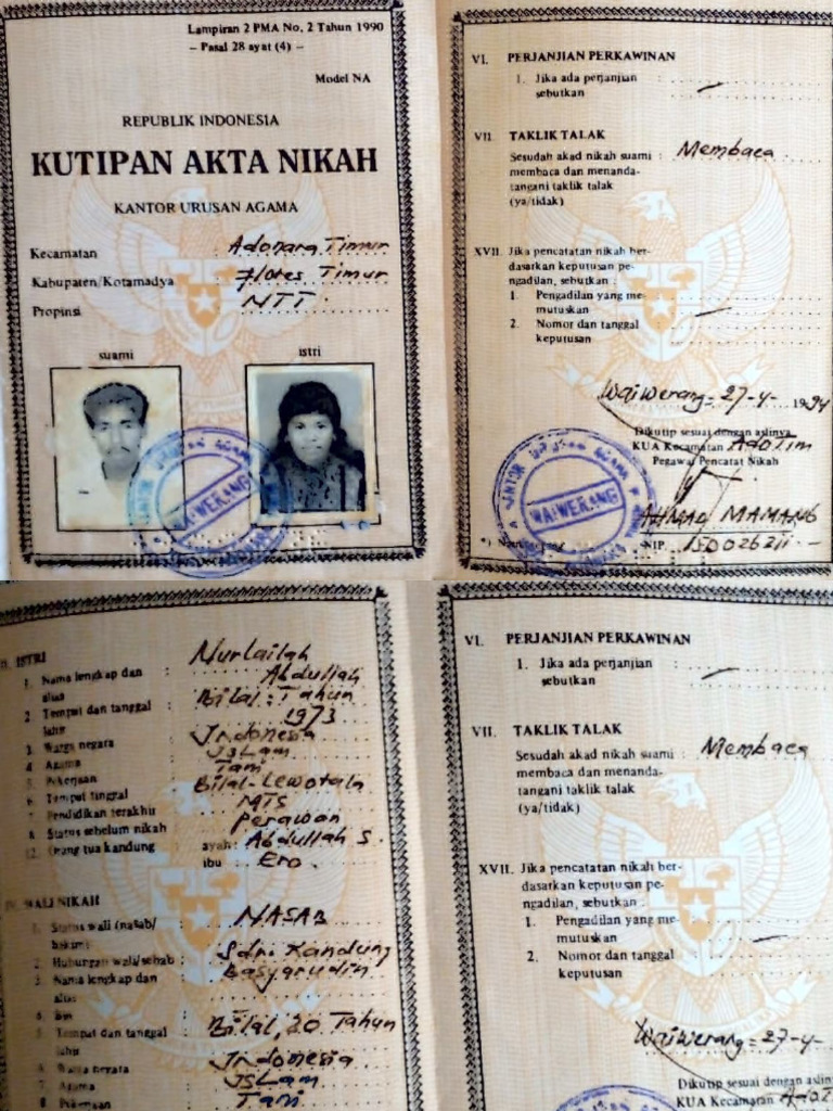 Kutipan Akta Nikah dan Perjanjian Perkawinan | PDF