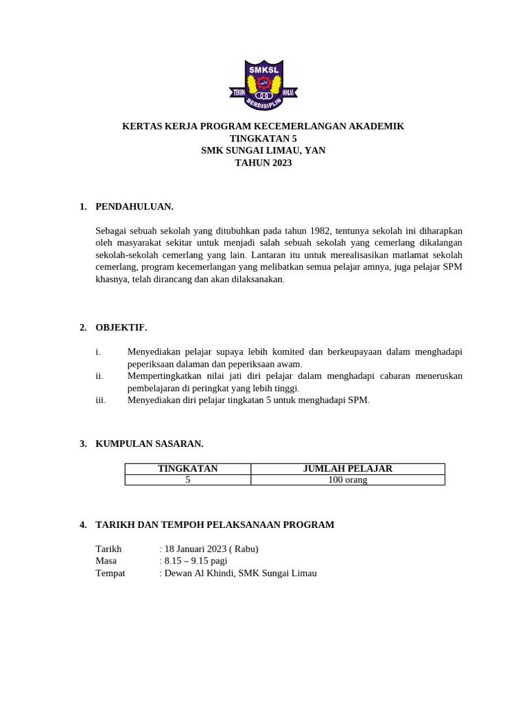 Kertas Kerja Program Kecemerlangan Akademik 2023 | PDF