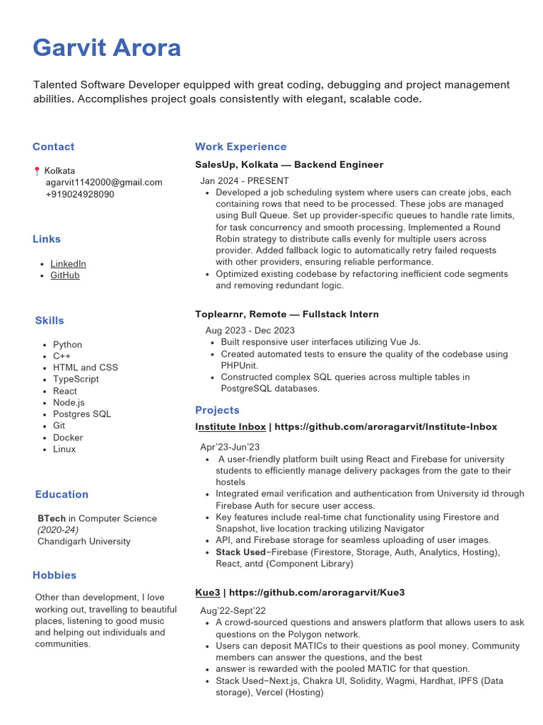 Blue and White Professional Resume | PDF | Postgre Sql | Computer Programming