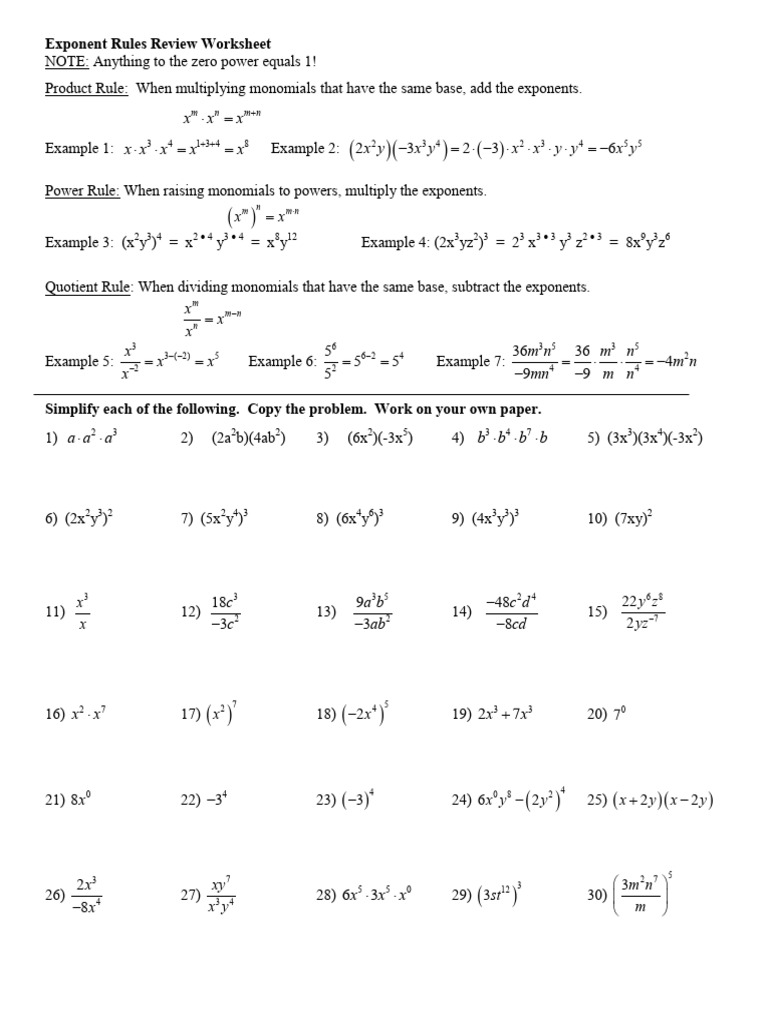 Worksheet 1.01a - Exponent Laws and Operating On Monomials | PDF