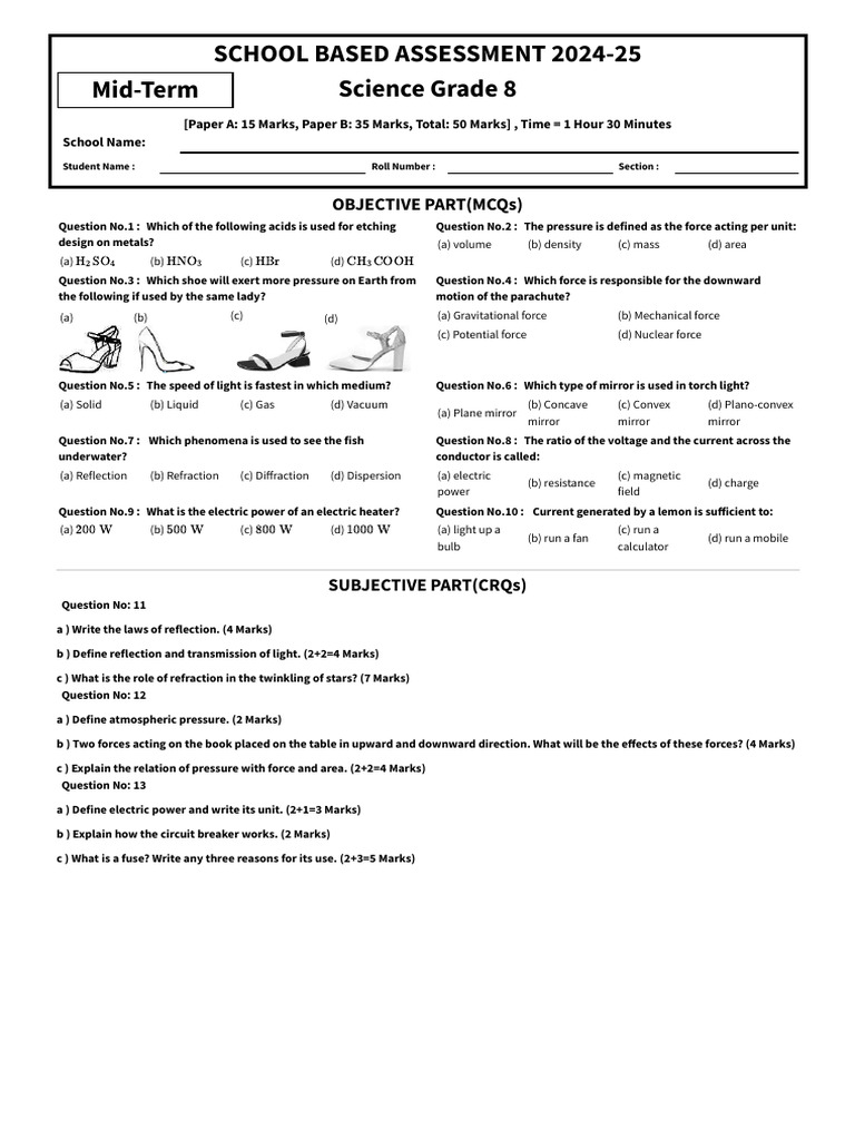 Grade 8 Science Mid-Term MCQs & CRQs | PDF | Force | Light