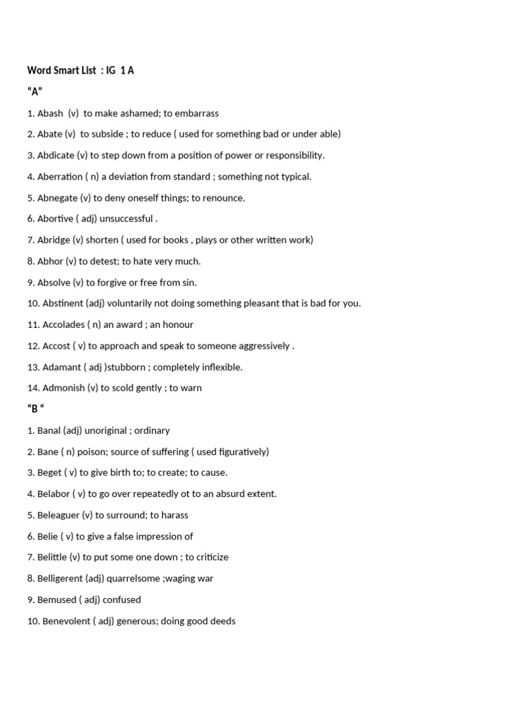 IG 1A Word Smart List A - C | PDF