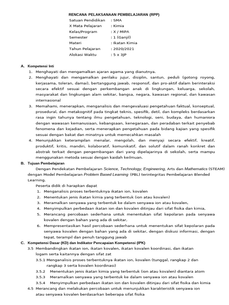 RPP Ikatan Kimia Model Pembelajaran PBL | PDF