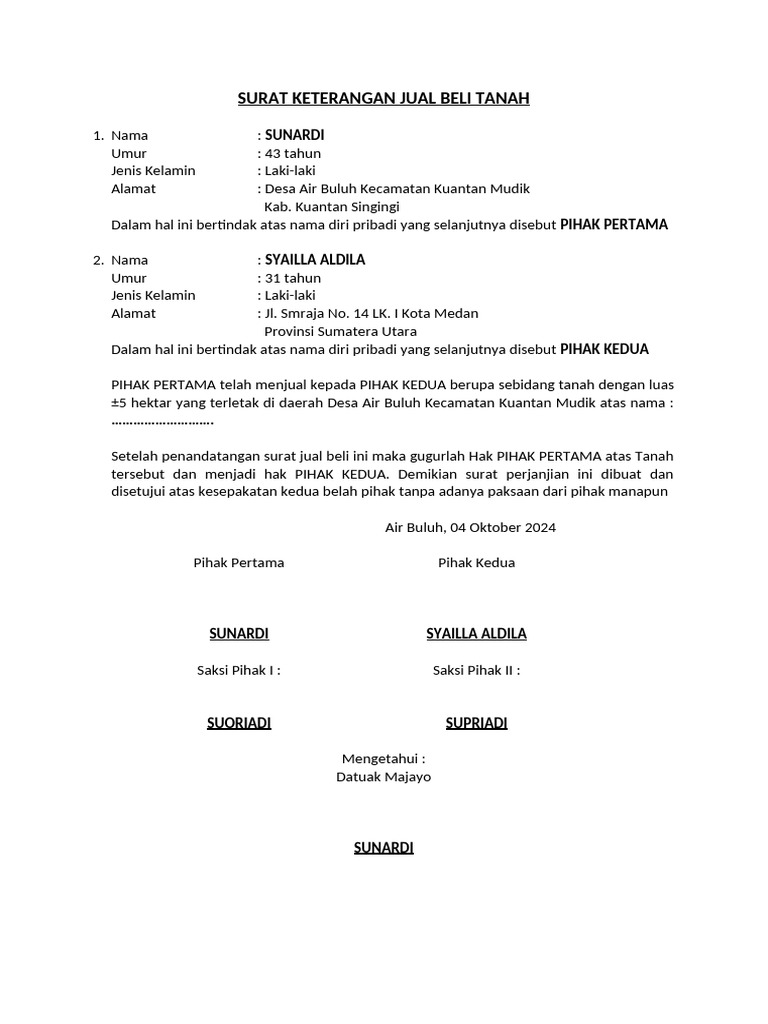 SURAT KETERANGAN JUAL BELI KEBUN KELAPA SAWIT | PDF SURAT KETERANGAN JUAL BELI KEBUN KELAPA SAWIT | PDF