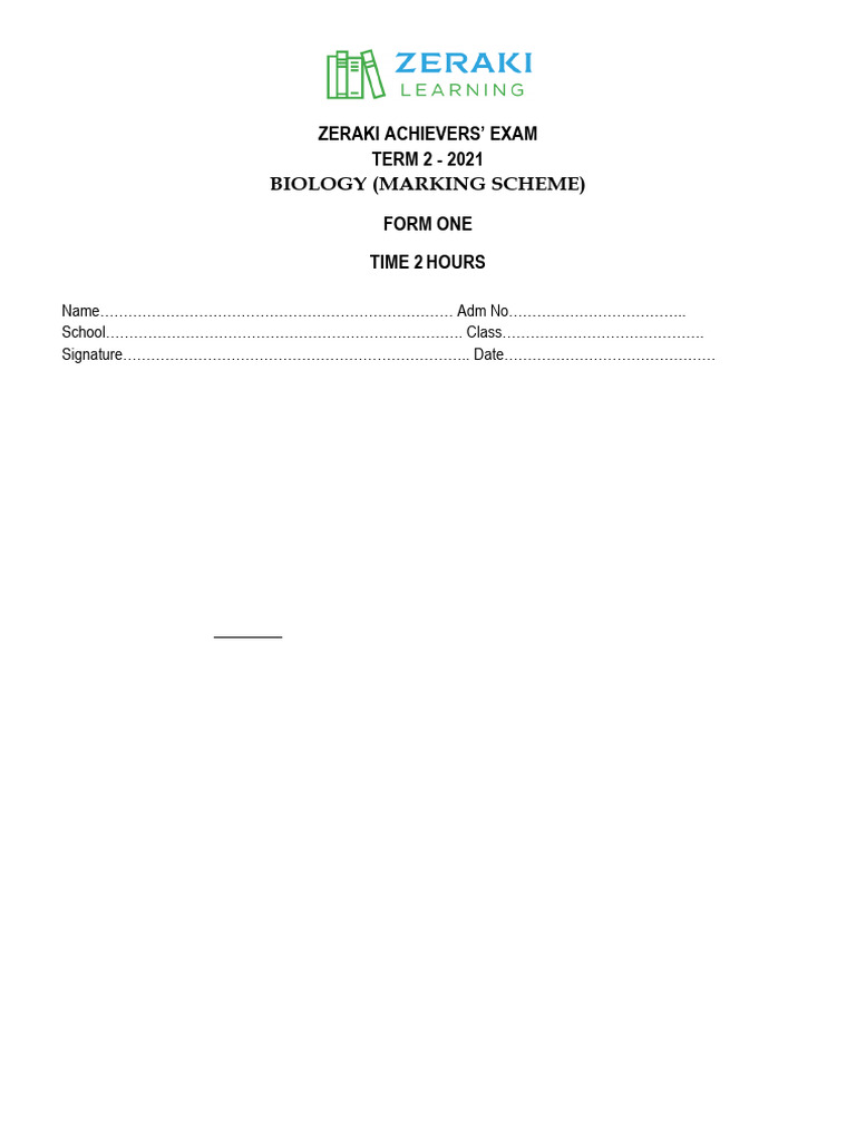 Biology - Biology Form 1 - Zeraki Achievers 4.0 - Marking Scheme | PDF | Glucose | Vacuole