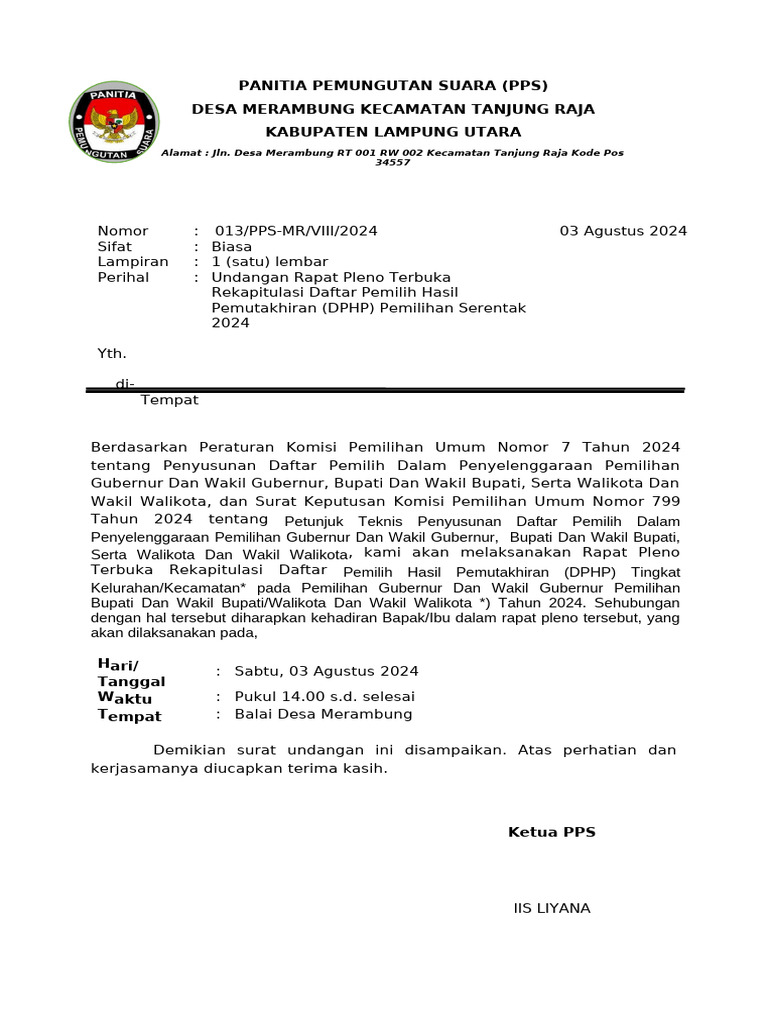 Undangan Rapat Pleno DPHP 2024 | PDF