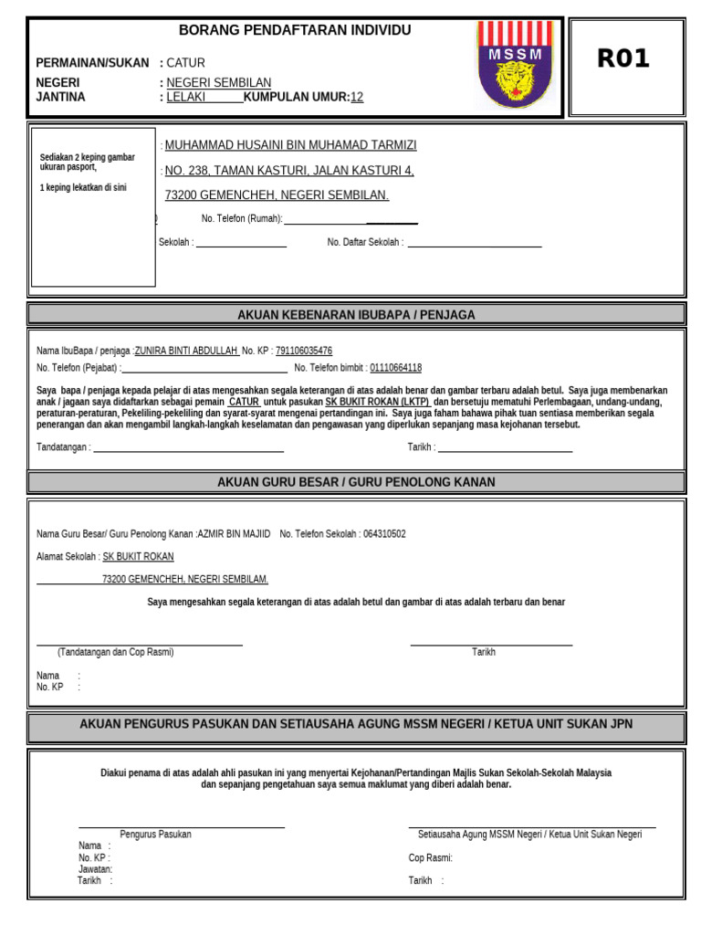 Borang R01 Kejohanan Catur Husaini | PDF