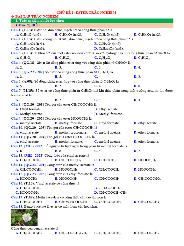 CHỦ ĐỀ 1 ESTER TRẮC NGHIỆM | PDF
