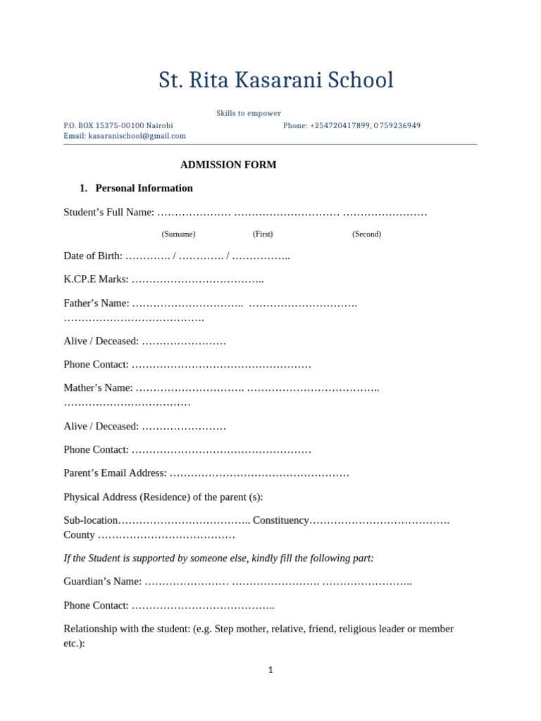 Revised School Admission Form | PDF | Muscle | Diseases And Disorders