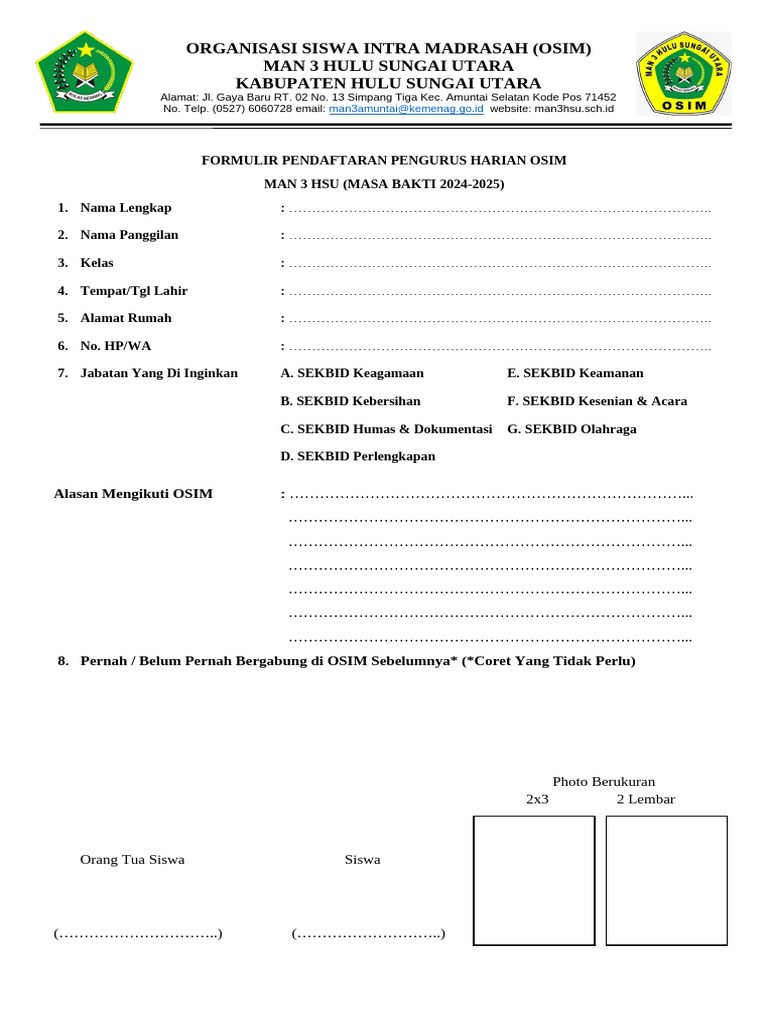 Formulir Pendaftaran Pengurus Harian Osim | PDF
