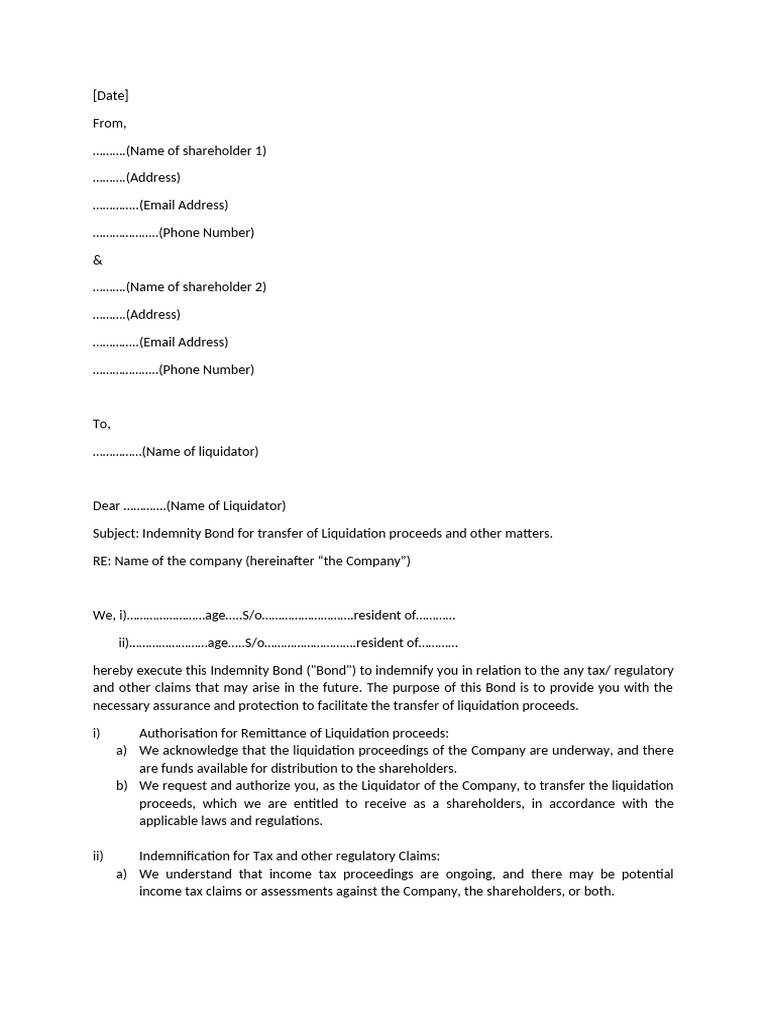 Indemnity Bond for Liquidation Proceeds | PDF | Indemnity | Taxes